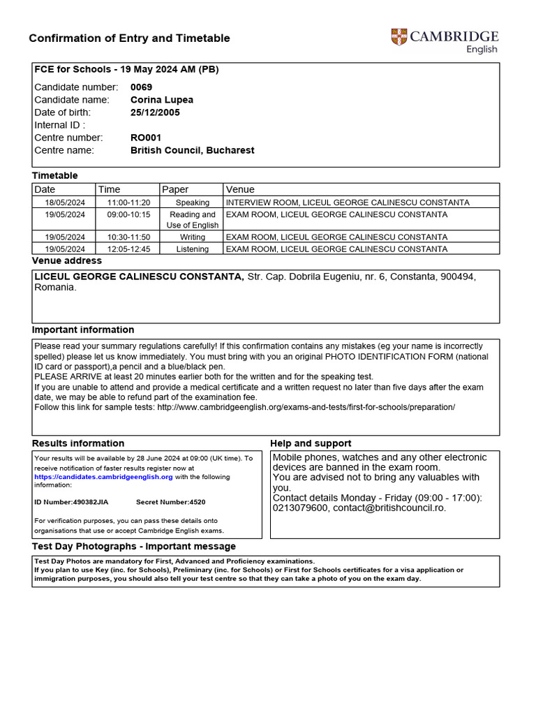 Confirmation of Entry and Timetable | PDF | Identity Document