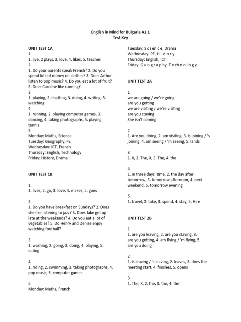 English_in_Mind_A2-1_Unit_tests_Key | PDF