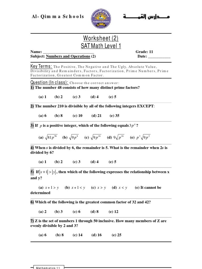 SAT Math Level 1 Worksheet for Grade 11 | PDF