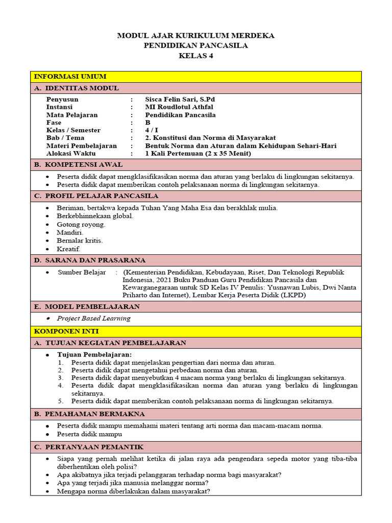 Modul Ajar Pendidikan Pancasila Kelas 4_Norma dan Aturan | PDF