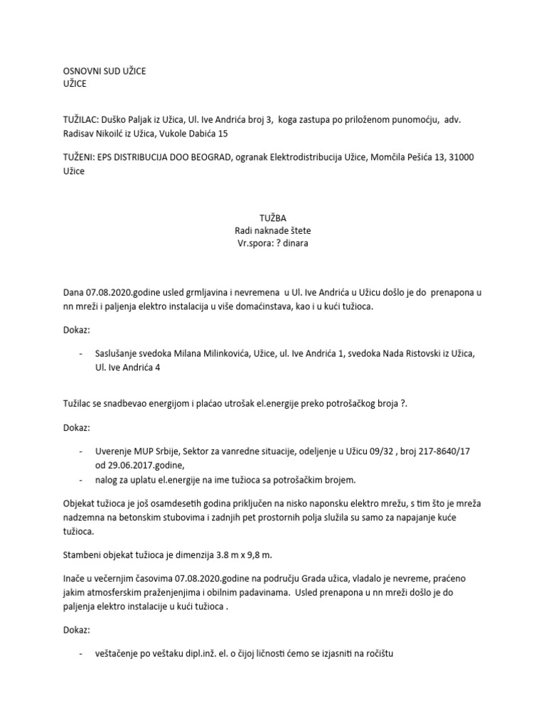 Tužba Naknada Štete Antonijević | PDF