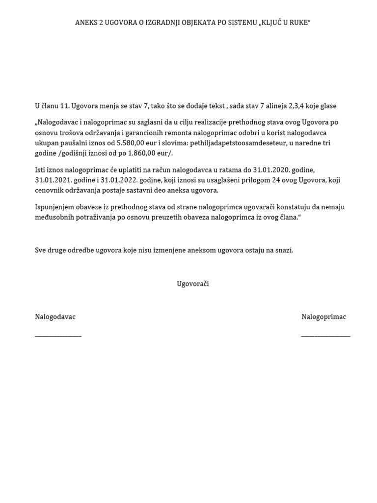 Aneks 2 Ugovora o Izgradnji Objekata Po Sistemu | PDF