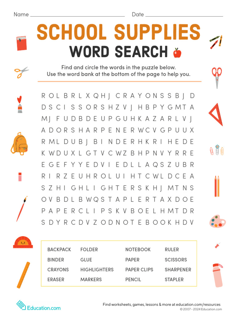 School Supplies Word Search | PDF | Word Search | Writing Implements
