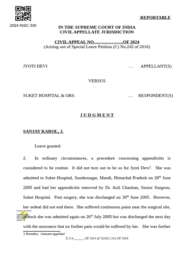 Medical Negligence Case: Jyoti Devi vs. Suket Hospital | PDF | Negligence | Tort