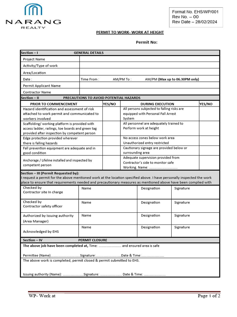 Work at Height Permit Template | PDF | Occupational Safety And Health ...