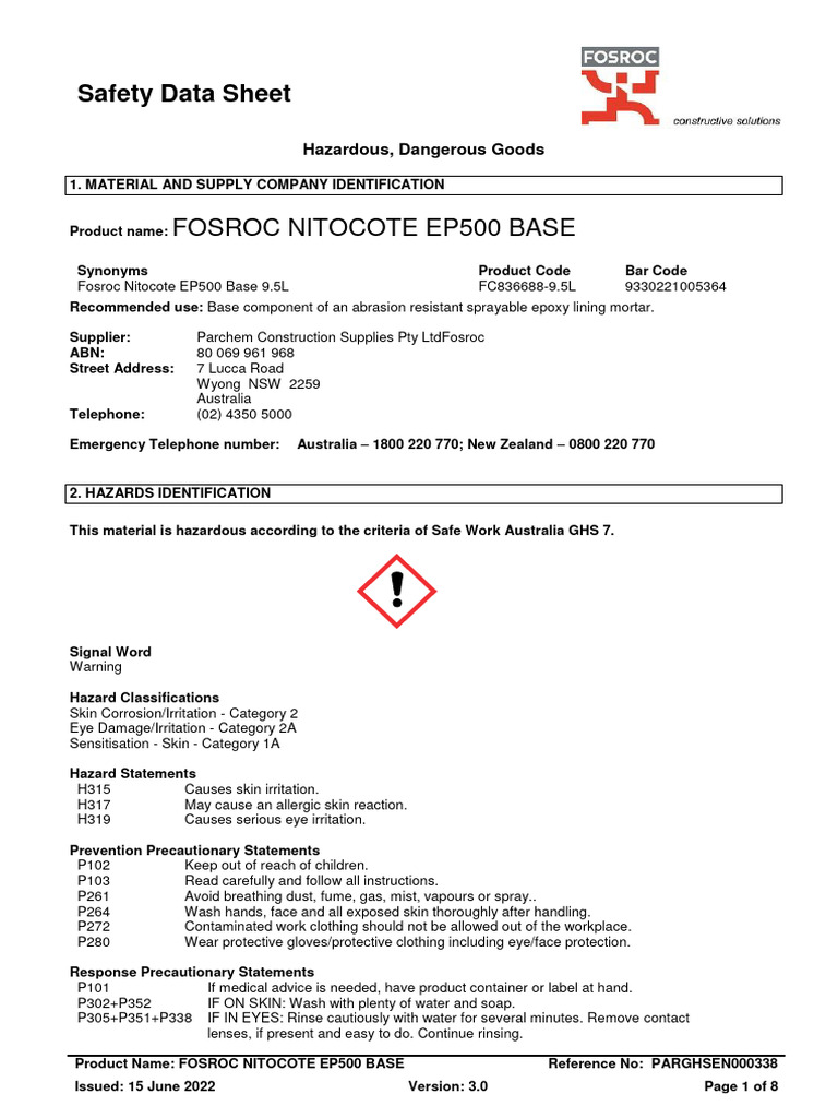 Fosroc Nitocote Ep500 Base-Aus Ghs | PDF | Toxicity | Dangerous Goods
