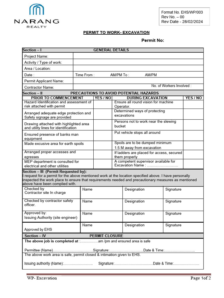 EHSWP003 - Excavation Permit | PDF | Safety | Occupational Safety And Health