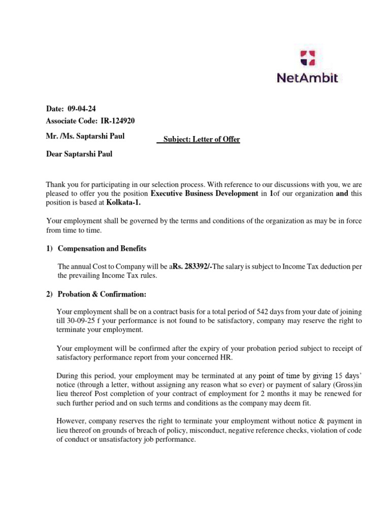 Offer Letter - Saptarshi Paul | PDF | Employment | Identity Document