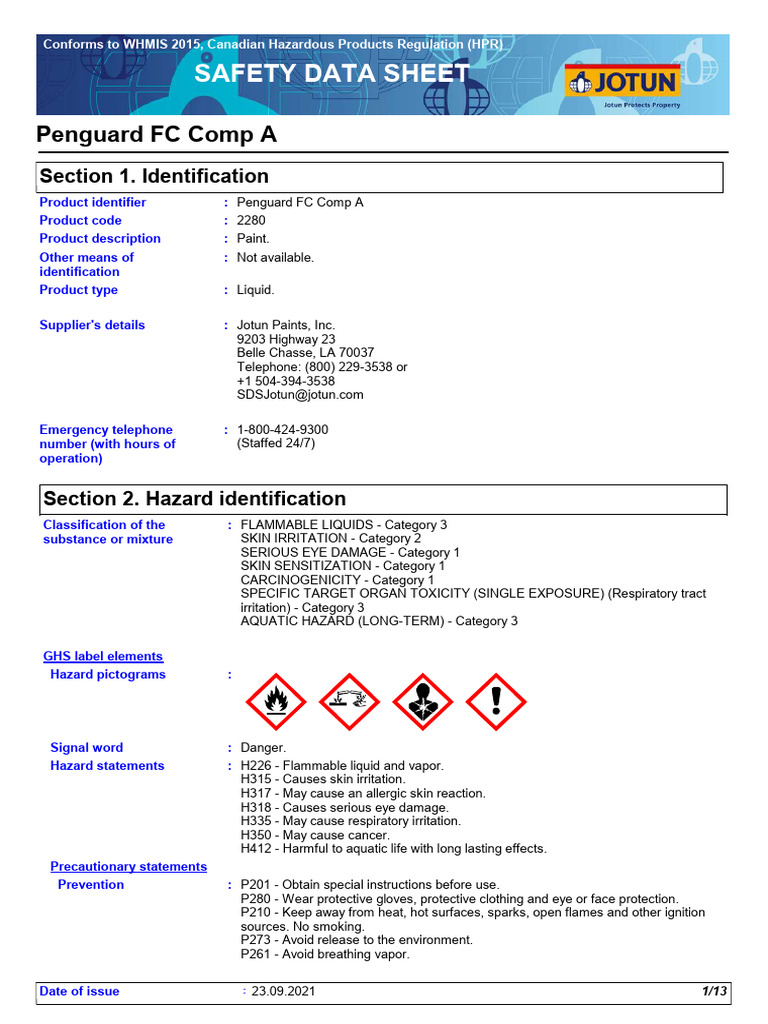 Penguard FC Comp A Safety Data Sheet | PDF | Toxicity