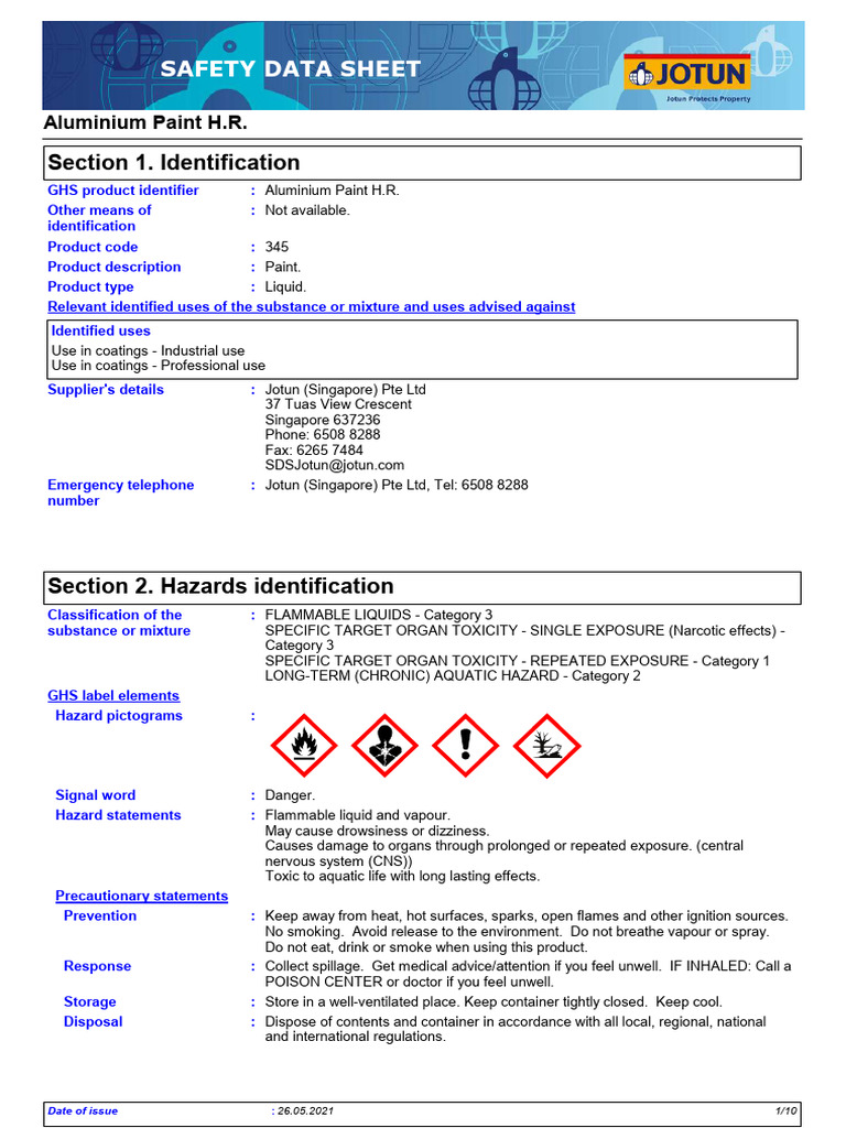 Aluminium Paint Msds H.R. SG | PDF