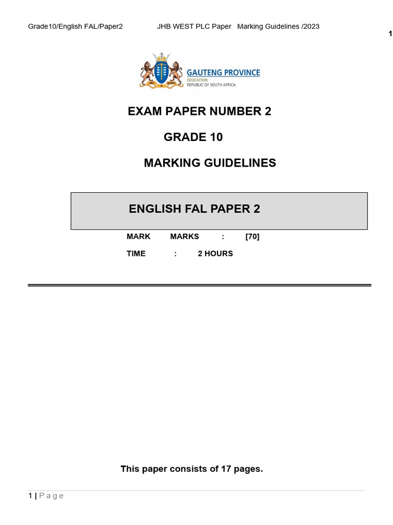 English Fal Grade 10 Paper 2 Memorandum Exemplar 1 | PDF