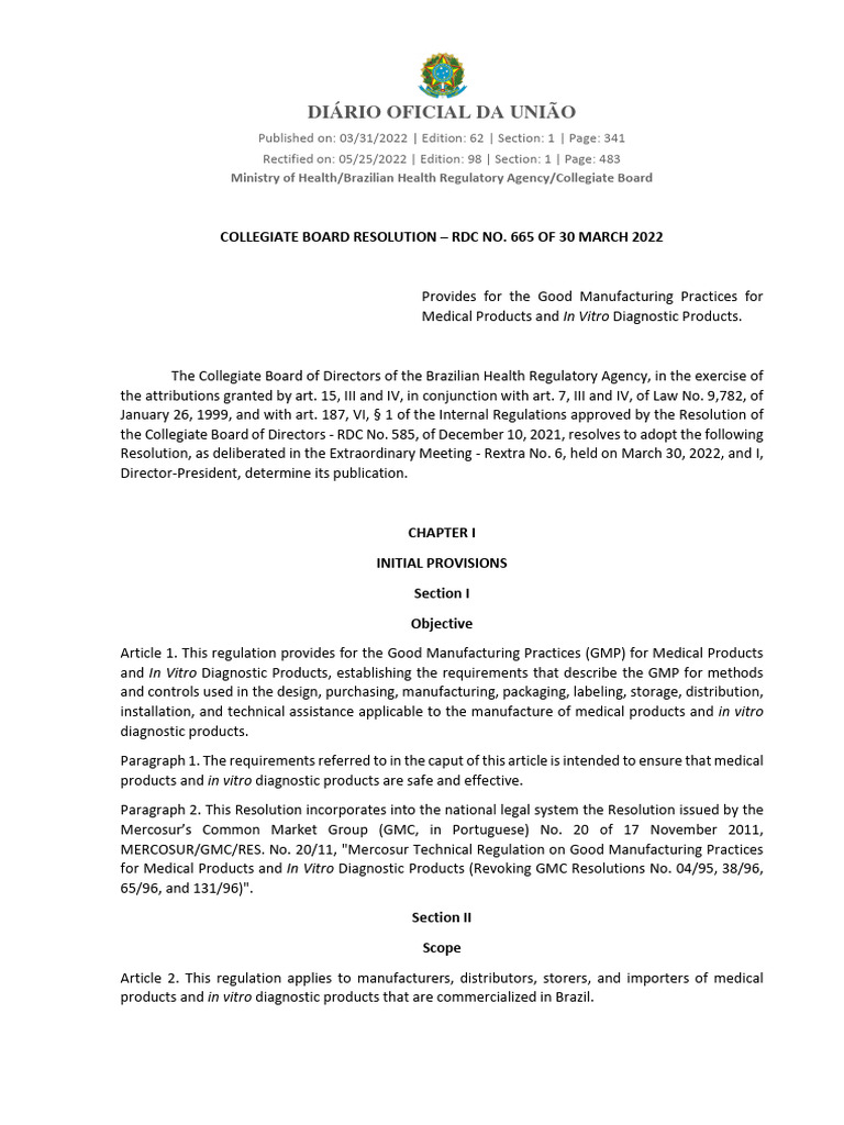 RDC 665/2022: Good Manufacturing Practices | PDF | Verification And ...