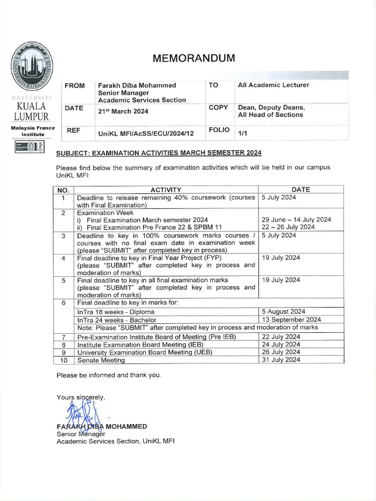 Memo Examination Activities March Sem 2024 | PDF