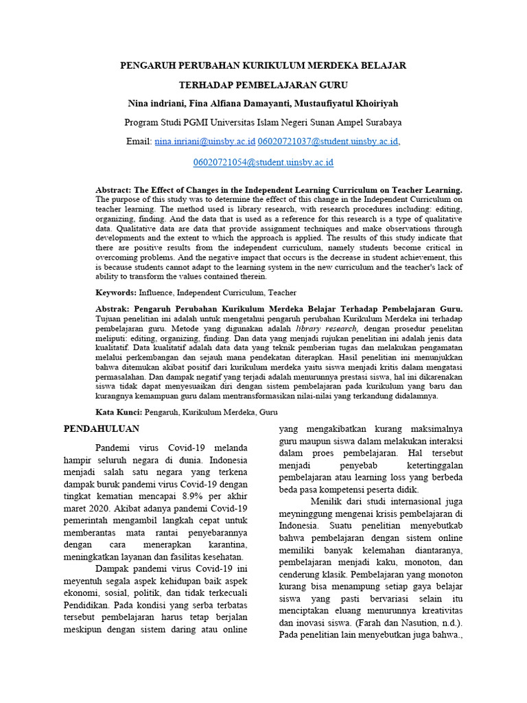 Pengaruh Perubahan Kurikulum Merdeka Belajar Terhadap Pembelajaran Guru | PDF | Karier ...