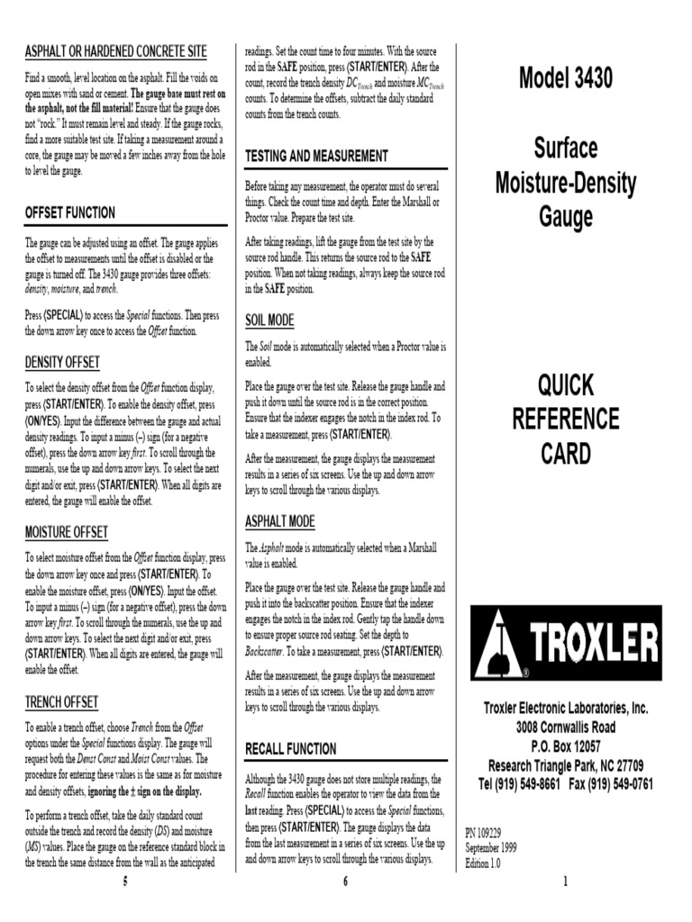 Quick Reference Card Troxler 3430 | PDF | Concrete