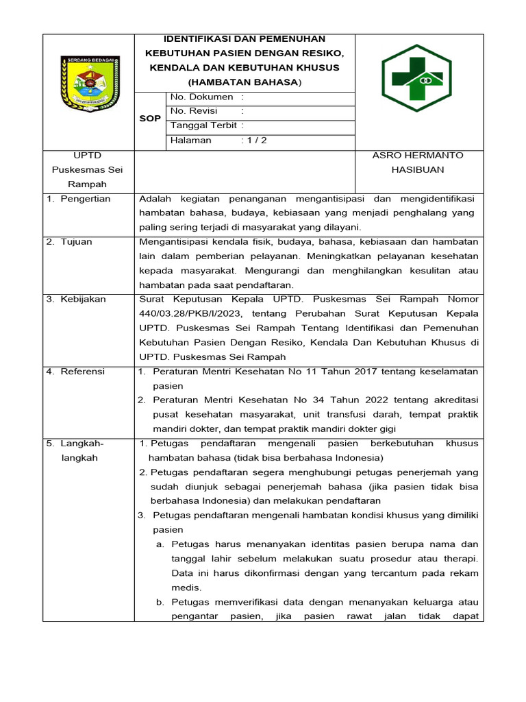 3.1.1.a SOP IDENTIFIKASI DAN PEMENUHAN KEBUTUHAN PASIEN DENGAN RESIKO, KENDALA DAN KEBUTUHAN ...