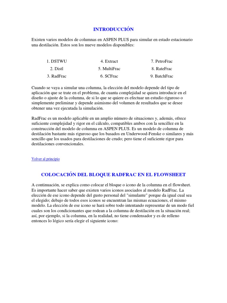 Uso del modelo RadFrac en Aspen Plus | PDF | Destilación | Simulación
