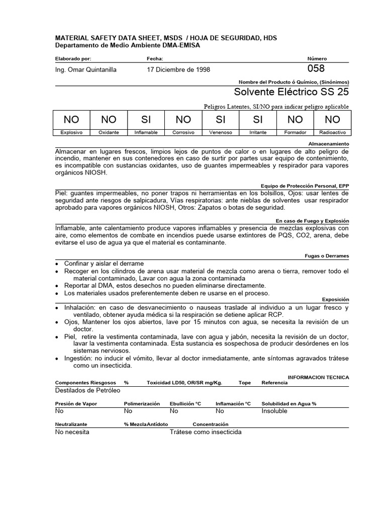 Hoja de Seguridad Solvente Eléctrico SS 25 | PDF | Agua | Contaminación