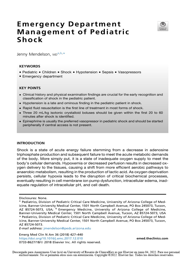 Emergency Department Mangement of Pediatric Shock | PDF | Shock ...