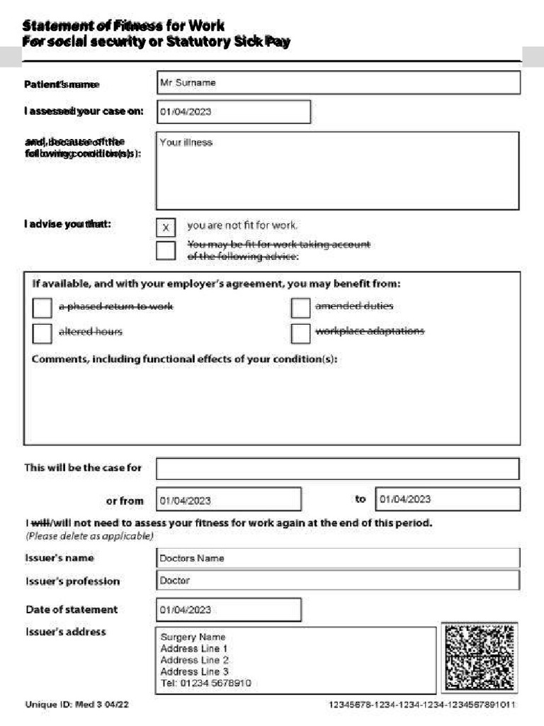 Statement of Fitness For Work For Social Security or Statutory Sick Pay ...