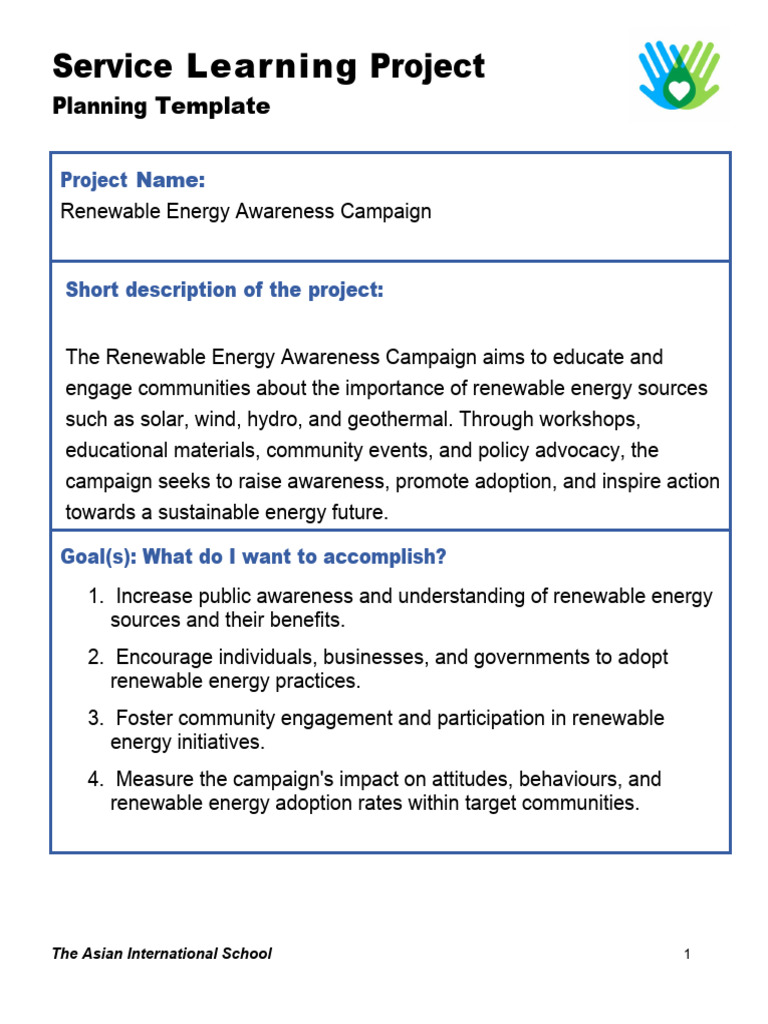 Service Learning Planning Template | PDF | Renewable Energy | Service ...