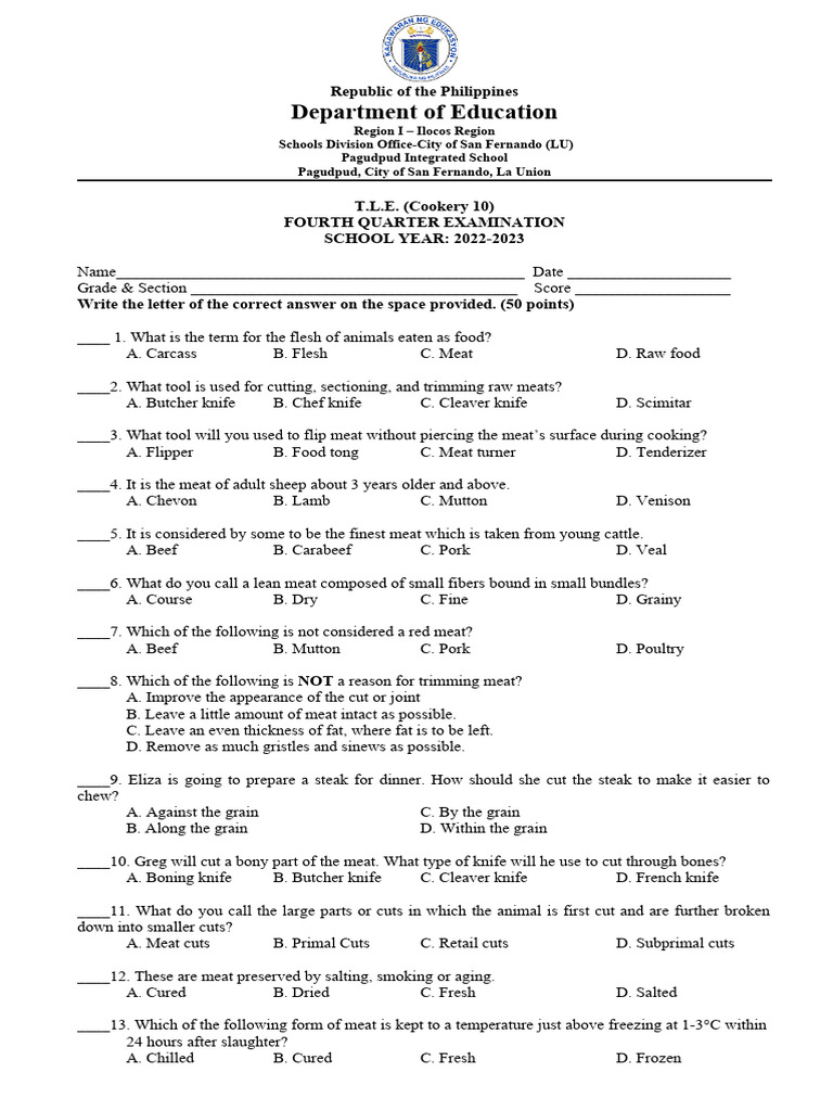 Quarter 4 Exam Tle 10 | PDF | Grilling | Beef
