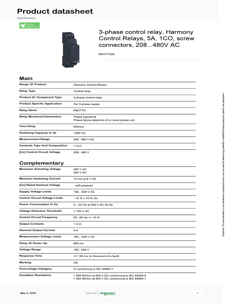 Harmony 3-Phase Control Relay RM17TG | PDF | Relay | Alternating Current