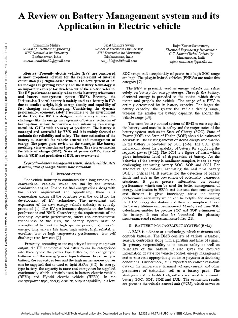 A Review On Battery Management System and Its Application in Electric ...