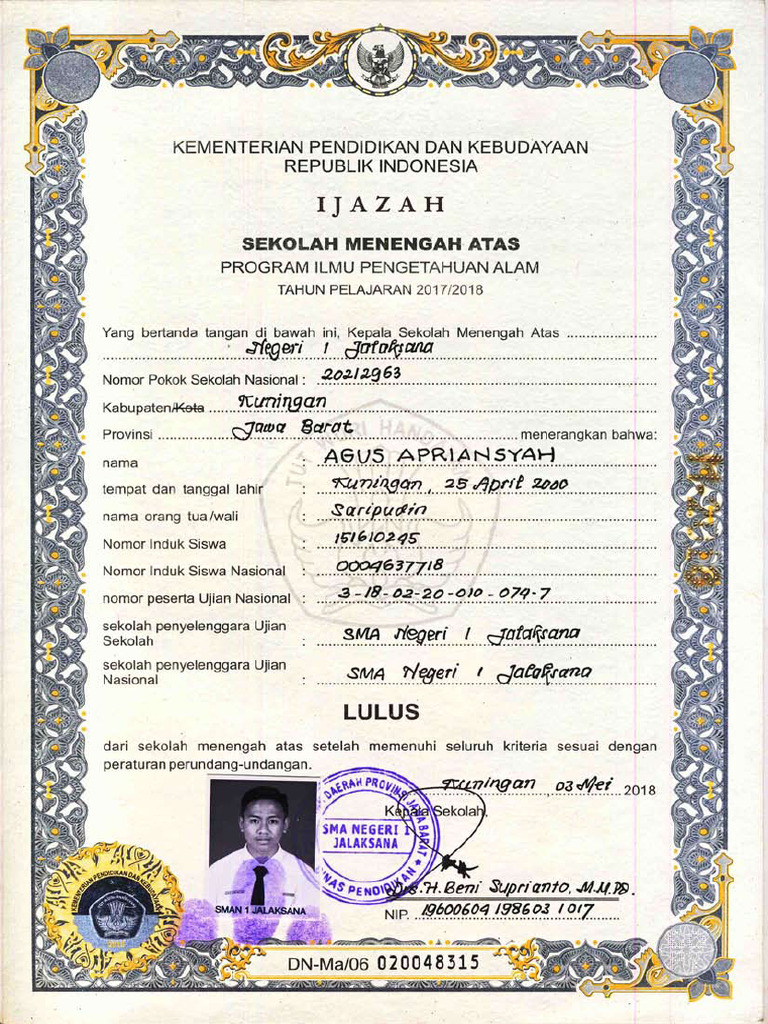 Ijazah Agus Apriansyah | PDF