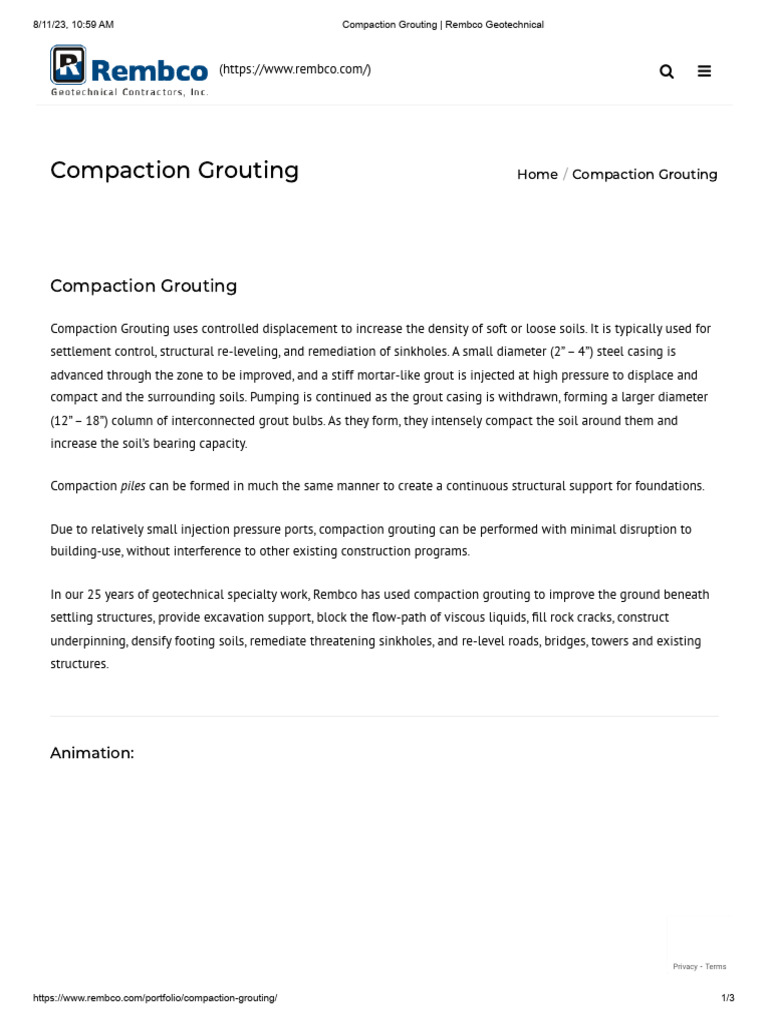 Compaction Grouting - Rembco Geotechnical | PDF