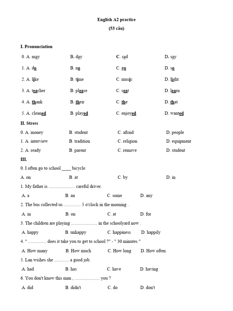 English A2 Practice | PDF