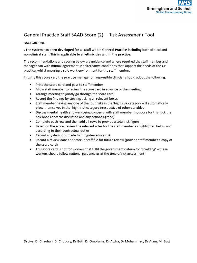 General Practice Staff SAAD Score 2 Risk Assessment Tool | PDF ...