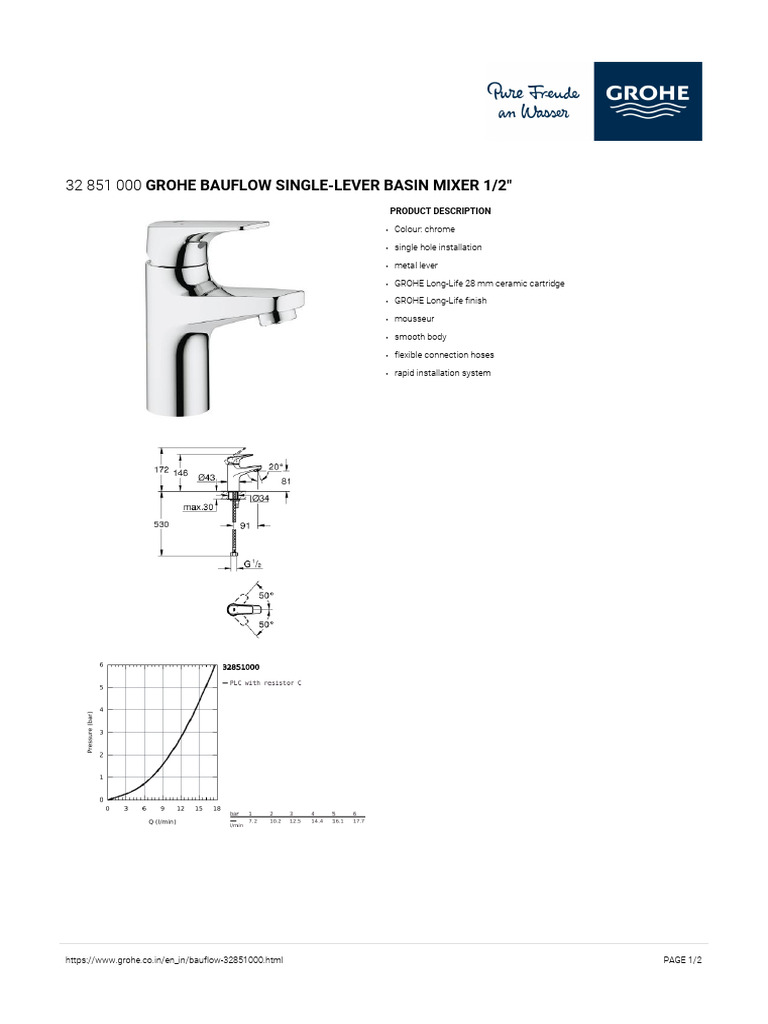 GROHE Bauflo 32851000 Basin Mixer | PDF | Technology & Engineering