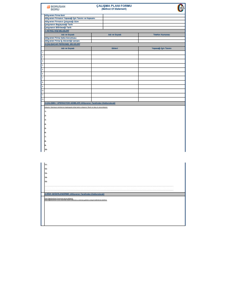 EK-3 Çalışma Planı Formu (Method of Statement) | PDF