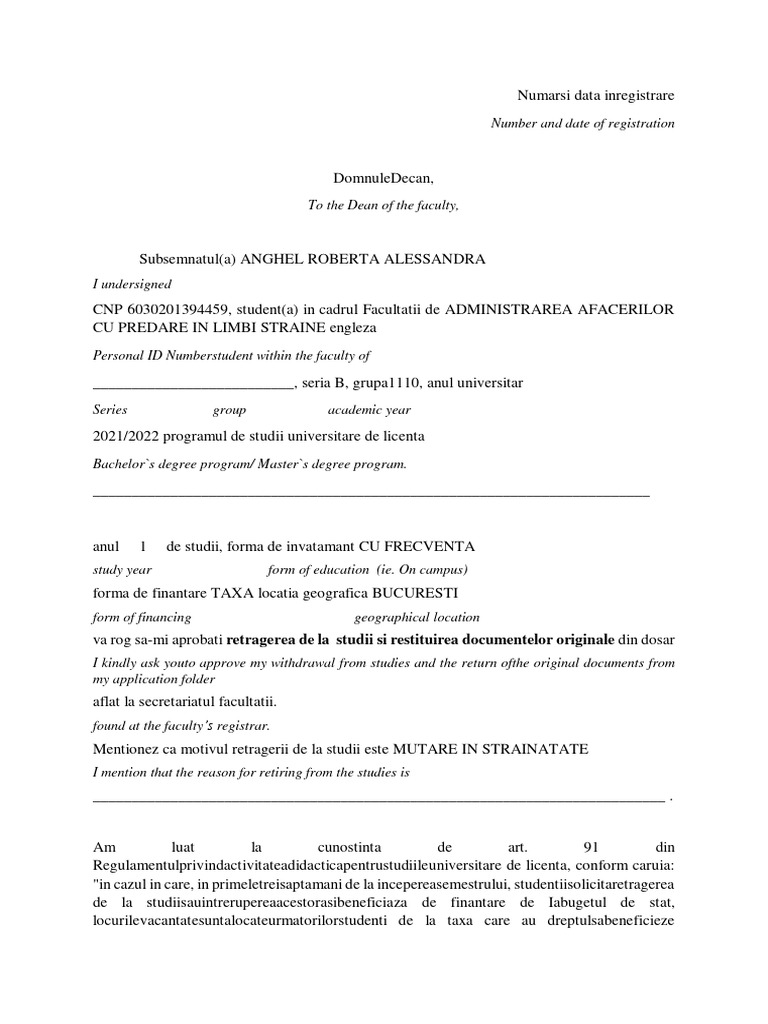 Cerere de Retragere Studii Licenta 03.12.2020 | PDF