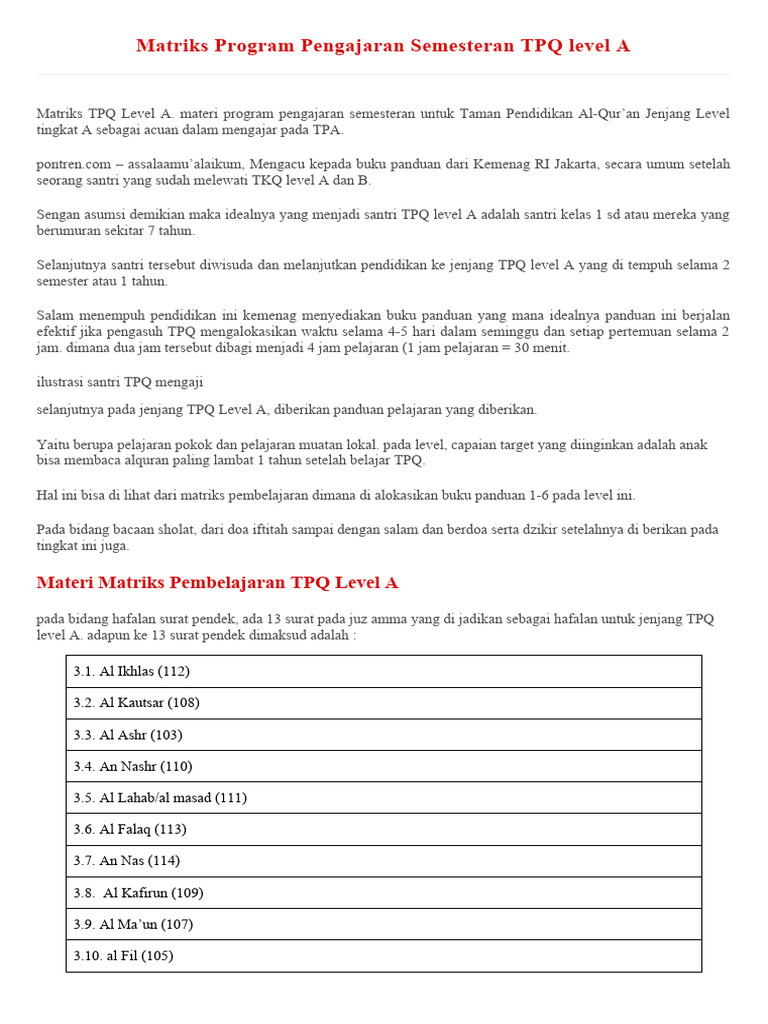 Matriks Program Pengajaran Semesteran TPQ Level A | PDF