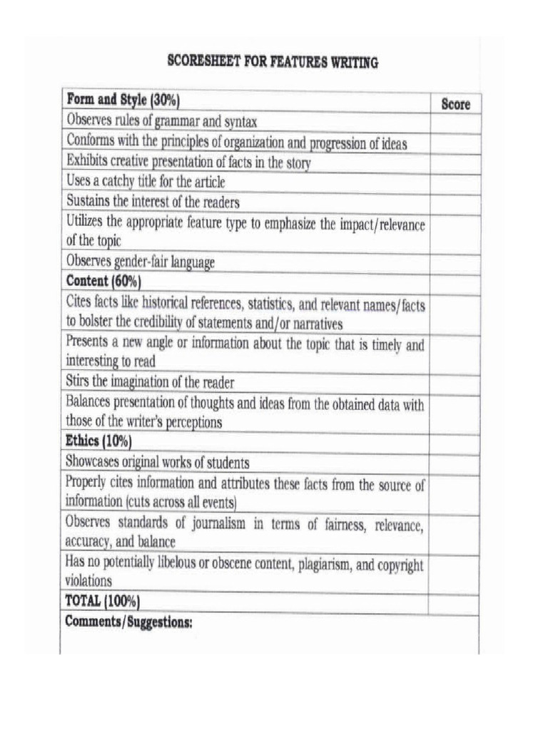 Feature Writing Scoresheet and Some Tips | PDF | Career & Growth