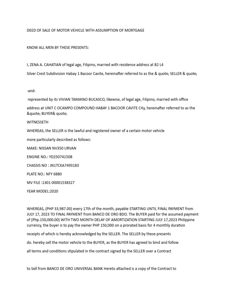 Deed of Sale of Motor Vehicle With Assumption of Mortgage Nv350 | PDF ...