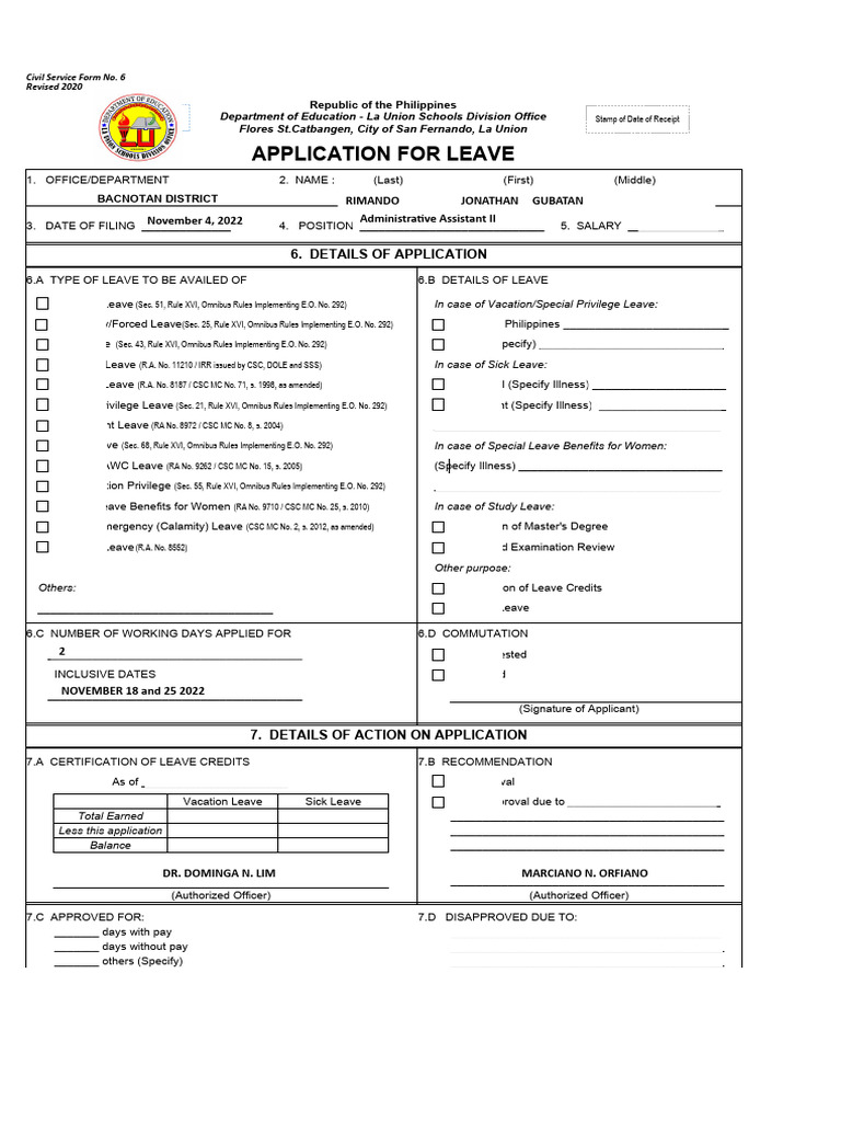 CS Form No. 6 Revised 2020 Application For Leave Fillable | PDF ...