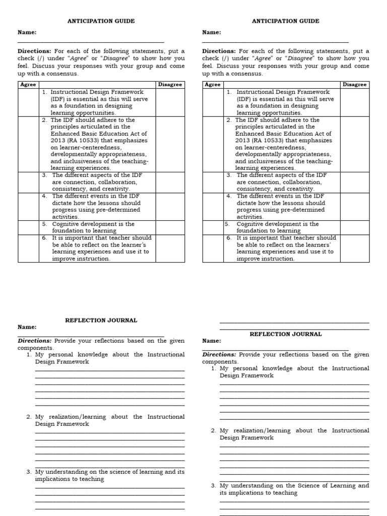 Worksheet_Instructional Design Framework_Anticipation Guide & Reflective Journal | PDF ...