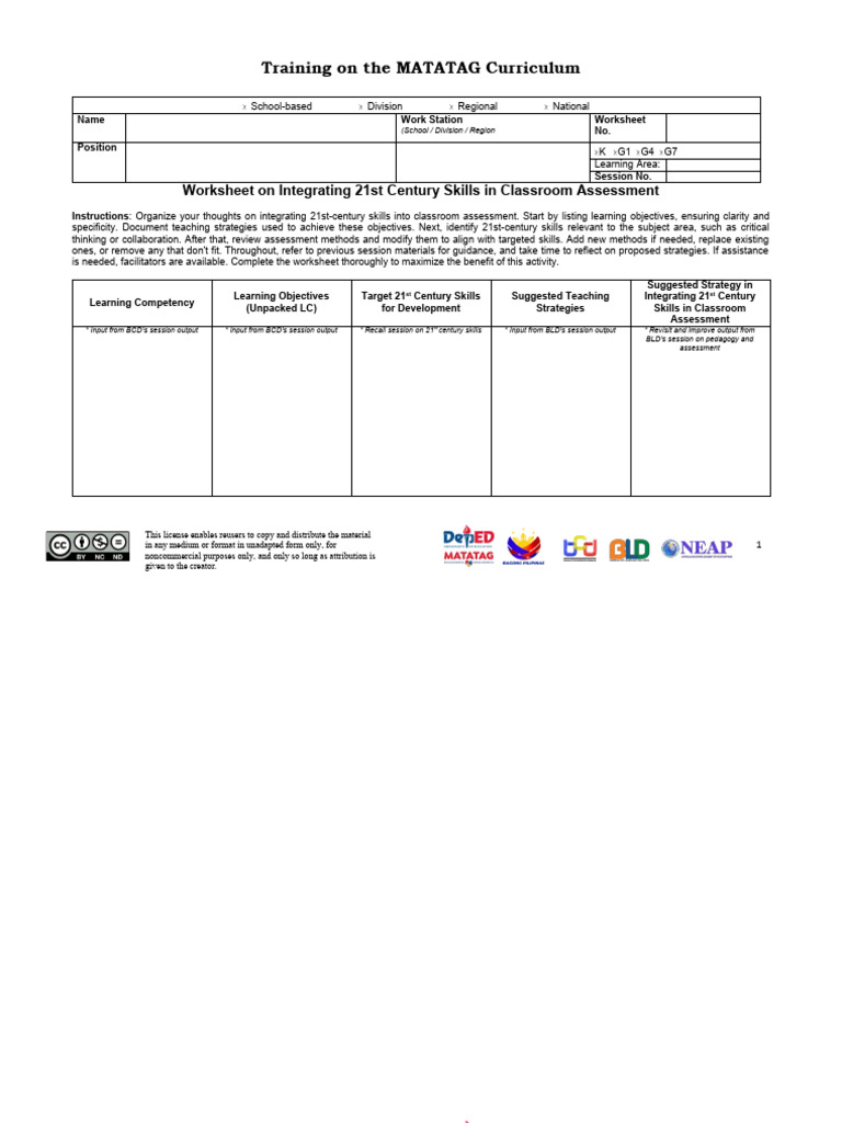 Worksheet - Integrating 21st Century Skills in Classroom-Based Assessment | PDF | Cognitive ...