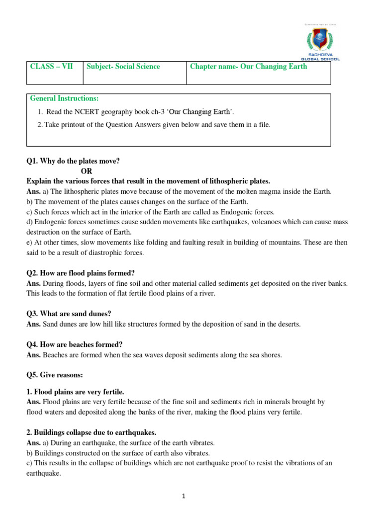 Class-VII SST Notes-4 Our Changing Earth | PDF | Erosion | Glacier