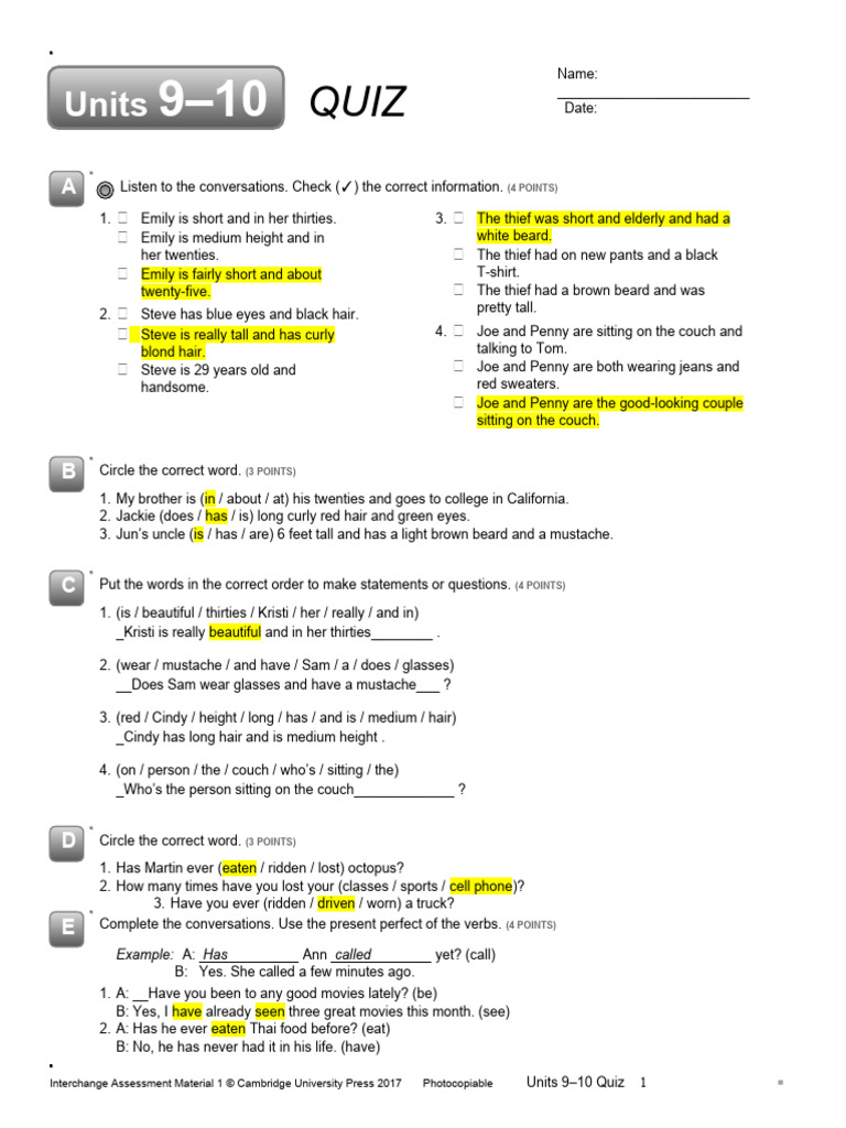 Interchange 1 5TH Edition Quiz Units 9 10 | PDF | Linguistics