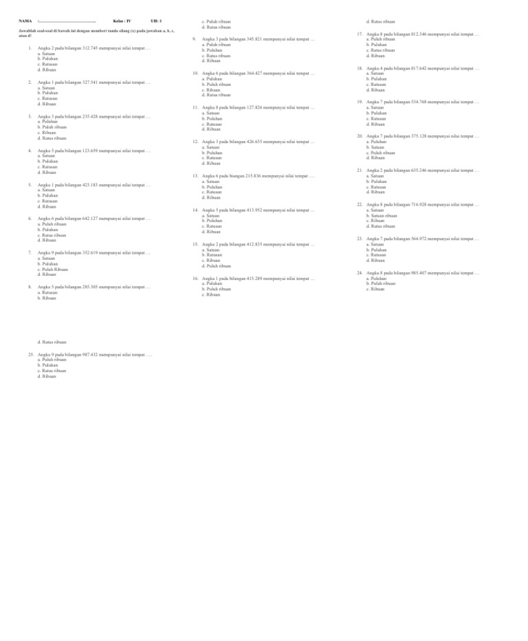 Soal UH MTK Kelas 4 | PDF