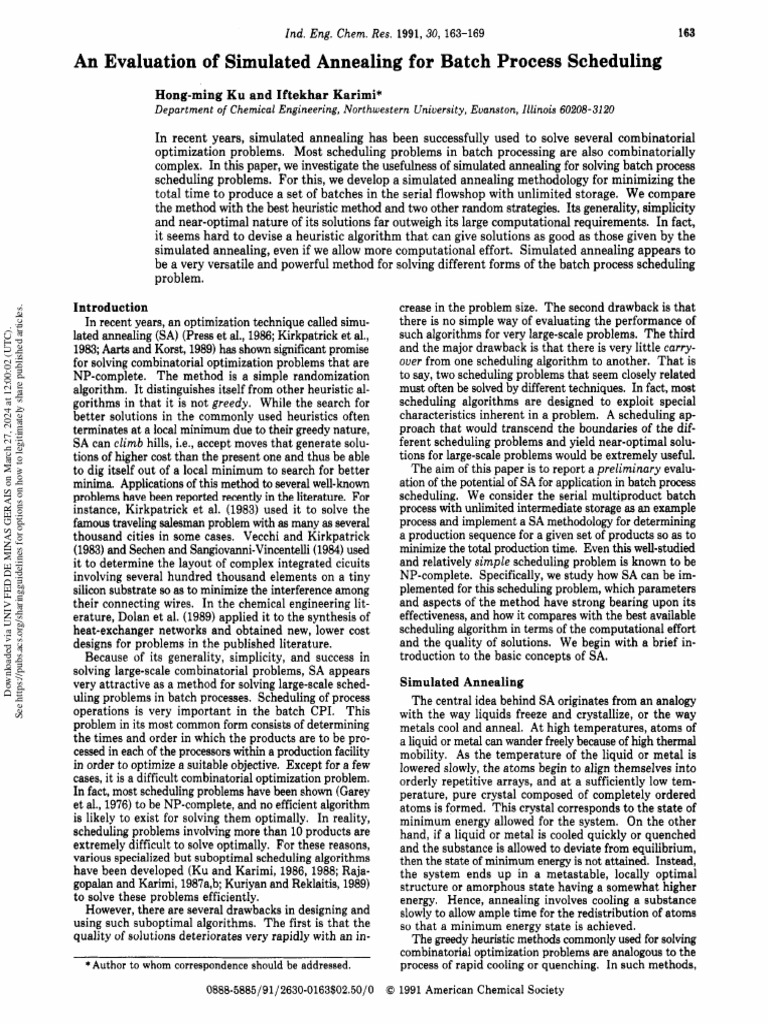An Evaluation of Simulated Annealing For Batch Process Scheduling | PDF | Mathematical ...
