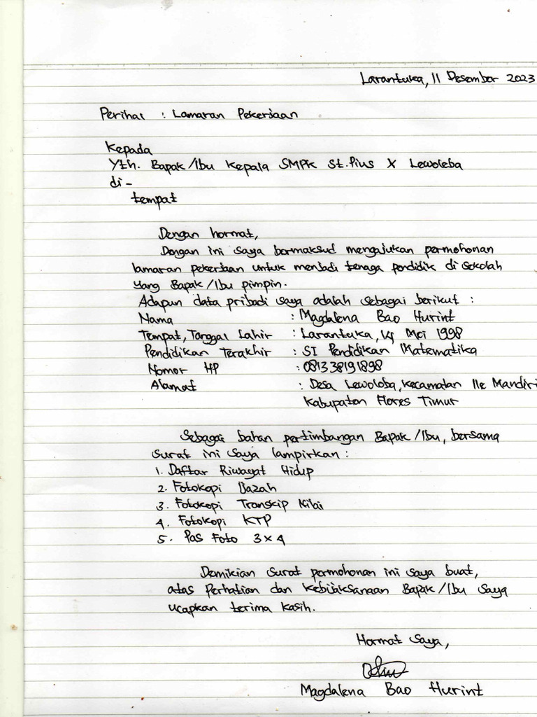 Lamaran SMPK St. Pius X Lewoleba | PDF