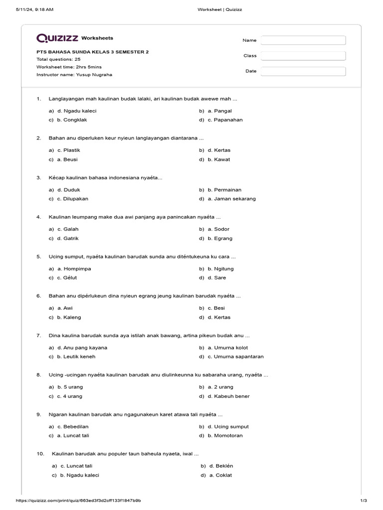 Worksheet - Quizizz | PDF