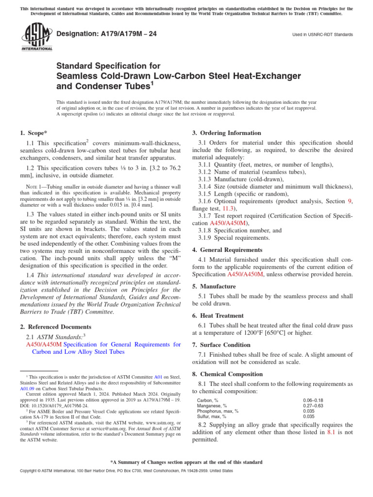 Astm A179 - A179m-24 | PDF | Heat Treating | Pipe (Fluid Conveyance)
