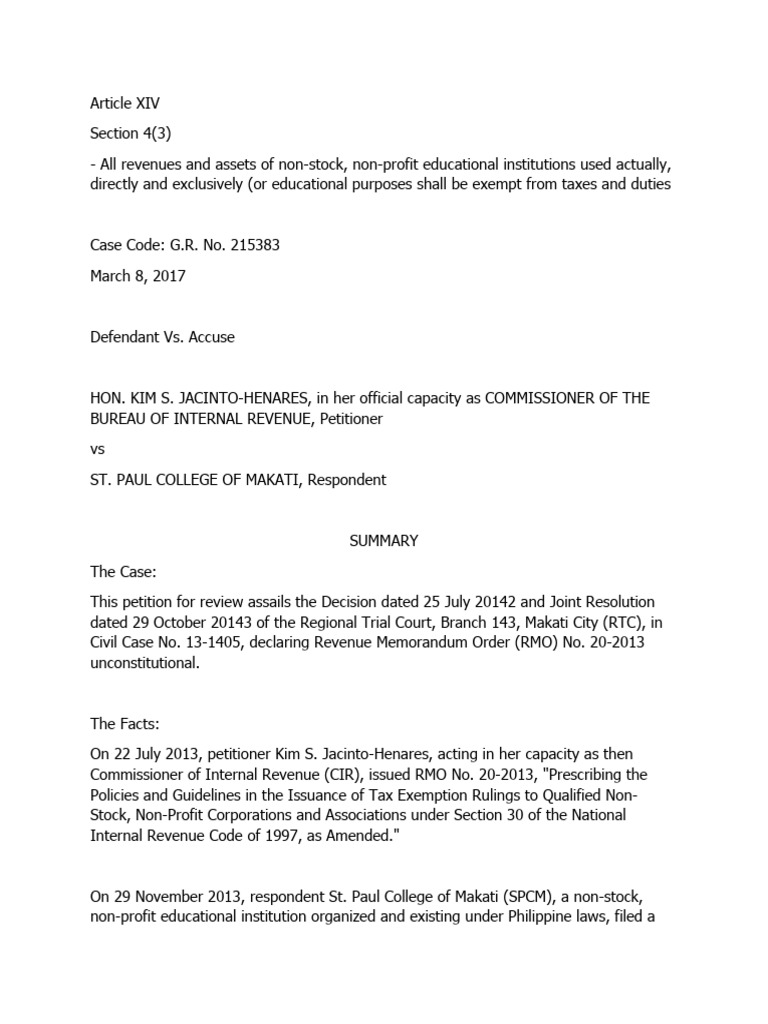 Article XIV Case Summary | PDF | Nonprofit Organization | Internal ...