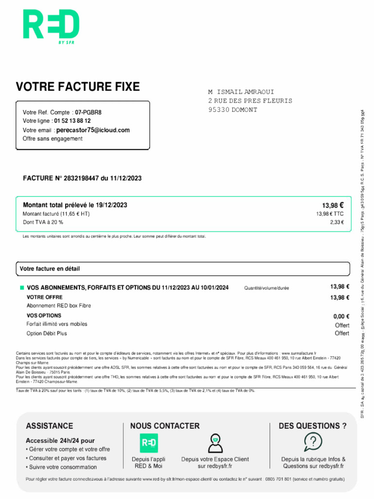 Facture SFR : Détails et Montant 2023 | PDF | Taxe sur la valeur ...